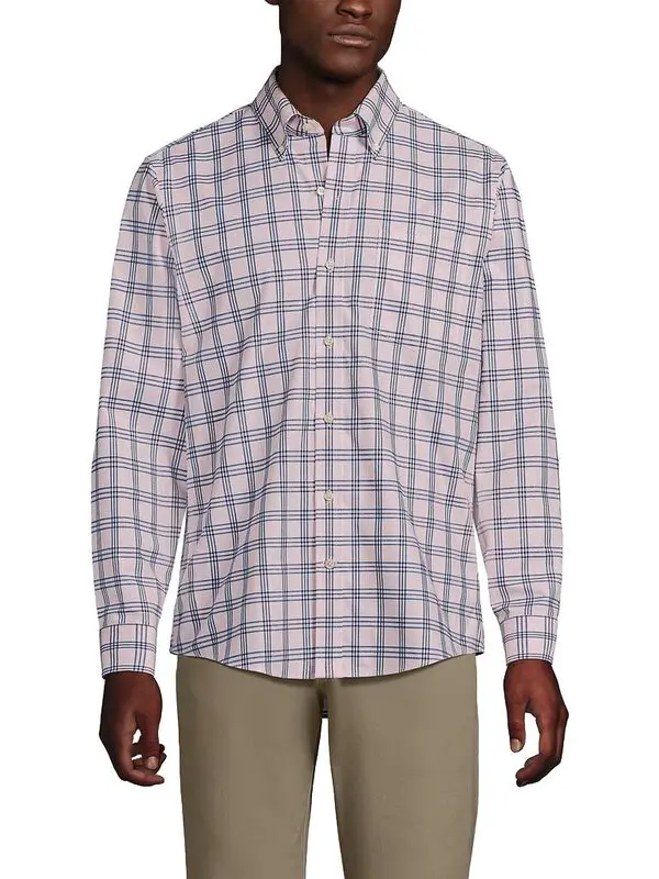 LANDS' END Traditional Fit No Iron Twill Shirt - Sea Salt Pink/navy Plaid