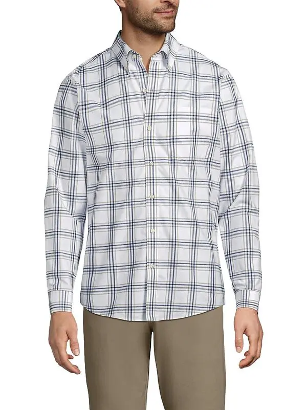 LANDS' END Traditional Fit No Iron Twill Shirt - White/indigo Blue Windowpane