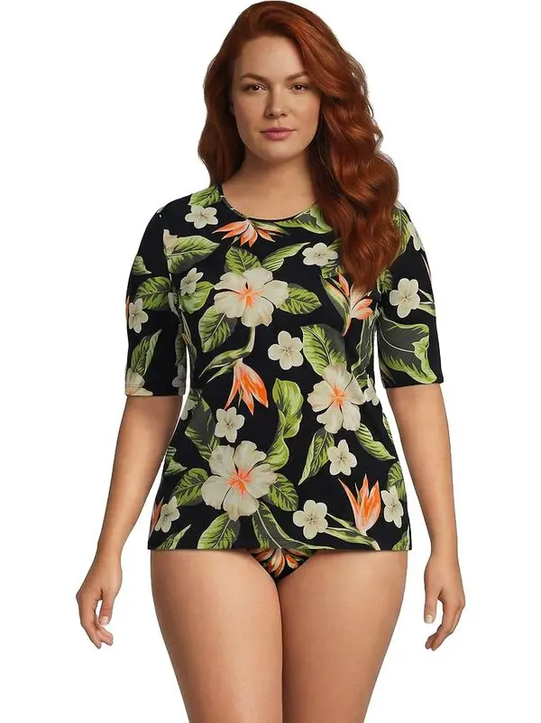 LANDS' END Upf 50 Elbow Sleeve Rash Guard - Hibiscus Floral/black