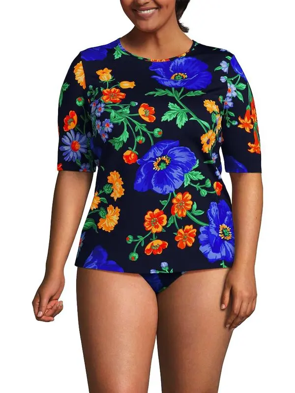 LANDS' END Upf 50 Elbow Sleeve Rash Guard - Navy/exploded Poppy Floral