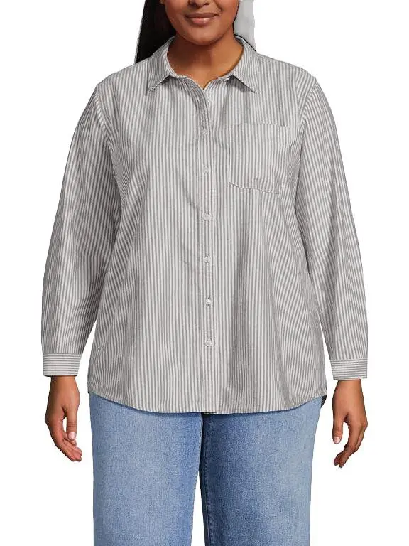 LANDS' END Oxford Shirt - Dark Walnut Brown Stripe
