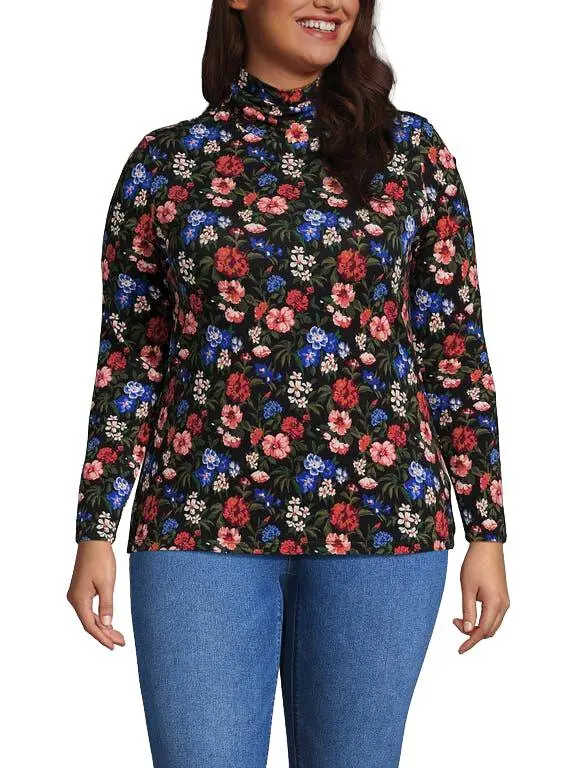 LANDS' END Long Sleeve Jersey Turtleneck - Black Multi Floral