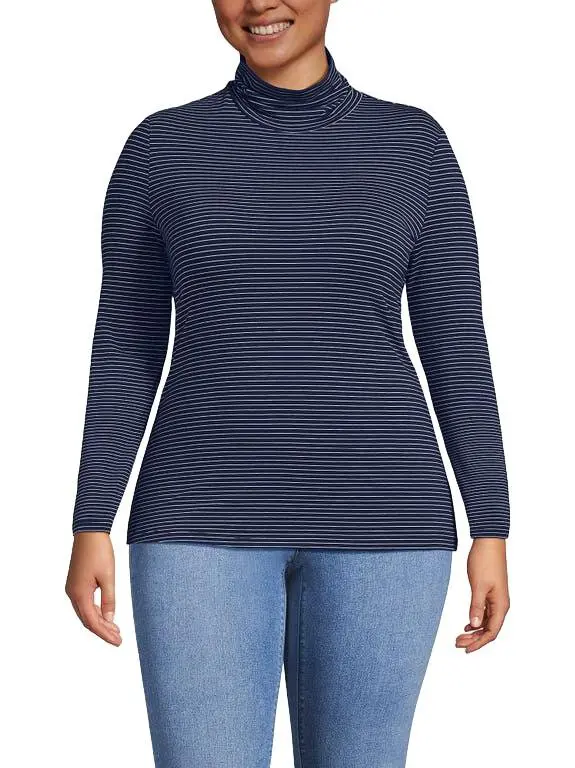 LANDS' END Long Sleeve Jersey Turtleneck - Deep Sea Navy Thin Stripe