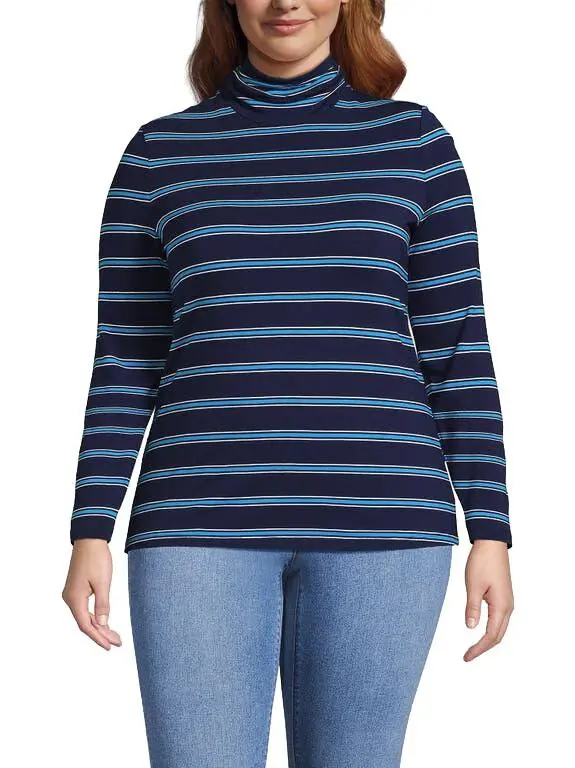 LANDS' END Long Sleeve Jersey Turtleneck - Deep Sea/cyan Stripe