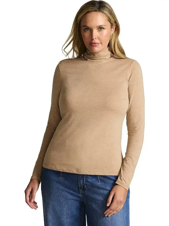 LANDS' END Long Sleeve Jersey Turtleneck - Light Toffee Heather