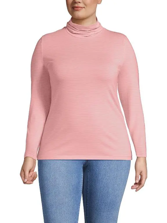 LANDS' END Long Sleeve Jersey Turtleneck - Sunset Coral Pink Thin Stripe