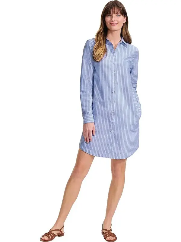 LANDS' END Linen Long Sleeve Shirt Dress - Blue/white Stripe
