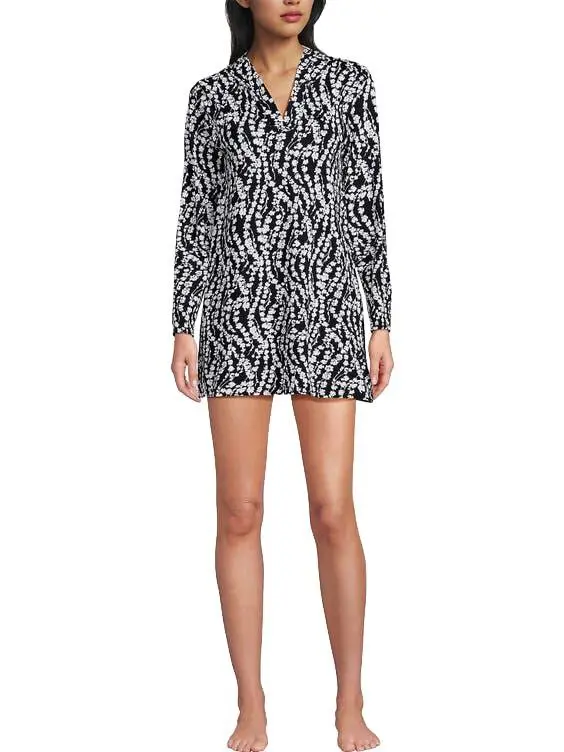 LANDS' END Cotton Jersey Long Sleeve Hooded Swim Cover-up Dress - Black/white Vine Floral