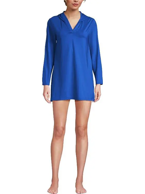 LANDS' END Cotton Jersey Long Sleeve Hooded Swim Cover-up Dress - Bright Cobalt Blue