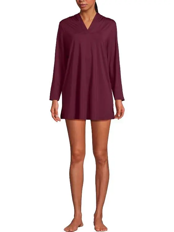 LANDS' END Cotton Jersey Long Sleeve Hooded Swim Cover-up Dress - Burgundy Spritz