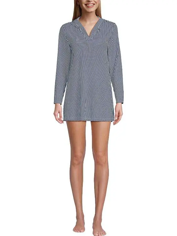 LANDS' END Cotton Jersey Long Sleeve Hooded Swim Cover-up Dress - Deep Sea Navy Mini Stripe