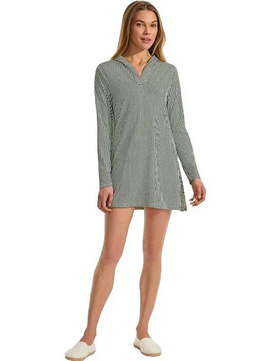 LANDS' END Cotton Jersey Long Sleeve Hooded Swim Cover-up Dress - Fusion Green Mini Stripe