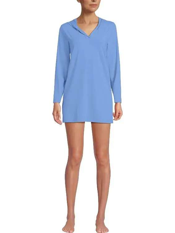 LANDS' END Cotton Jersey Long Sleeve Hooded Swim Cover-up Dress - Lake Blue