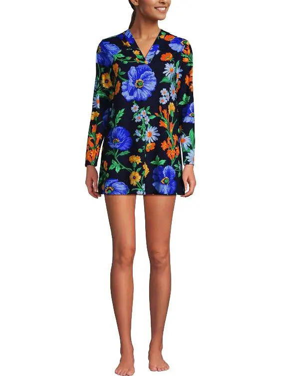 LANDS' END Cotton Jersey Long Sleeve Hooded Swim Cover-up Dress - Navy/exploded Poppy Floral