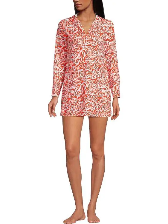 LANDS' END Cotton Jersey Long Sleeve Hooded Swim Cover-up Dress - Orange Mini Tropic Leaves