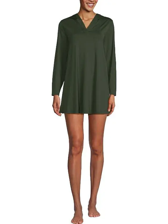 LANDS' END Cotton Jersey Long Sleeve Hooded Swim Cover-up Dress - Rich Olive Green