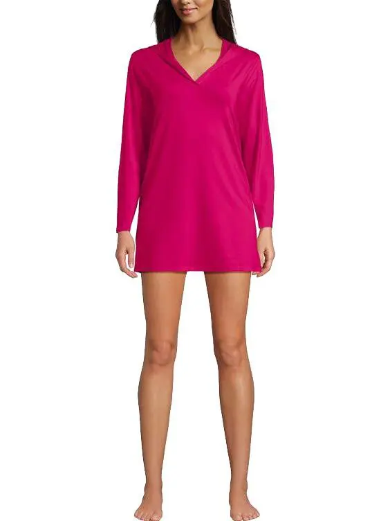 LANDS' END Cotton Jersey Long Sleeve Hooded Swim Cover-up Dress - Riviera Rose