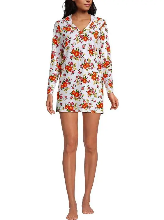 LANDS' END Cotton Jersey Long Sleeve Hooded Swim Cover-up Dress - White Spring Floral