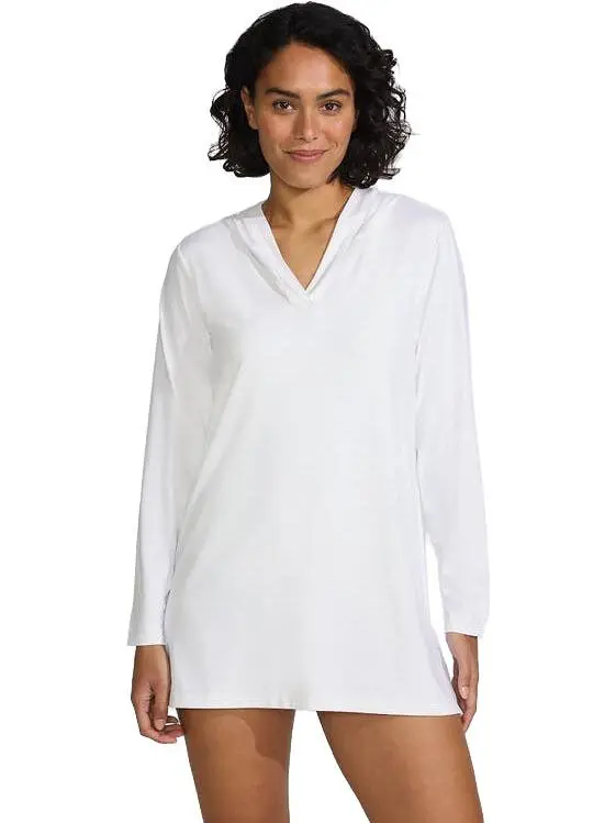 LANDS' END Cotton Jersey Long Sleeve Hooded Swim Cover-up Dress - White