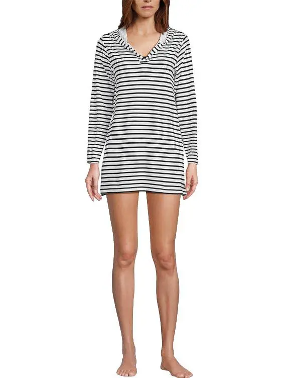 LANDS' END Cotton Jersey Long Sleeve Hooded Swim Cover-up Dress - White/black Stripe