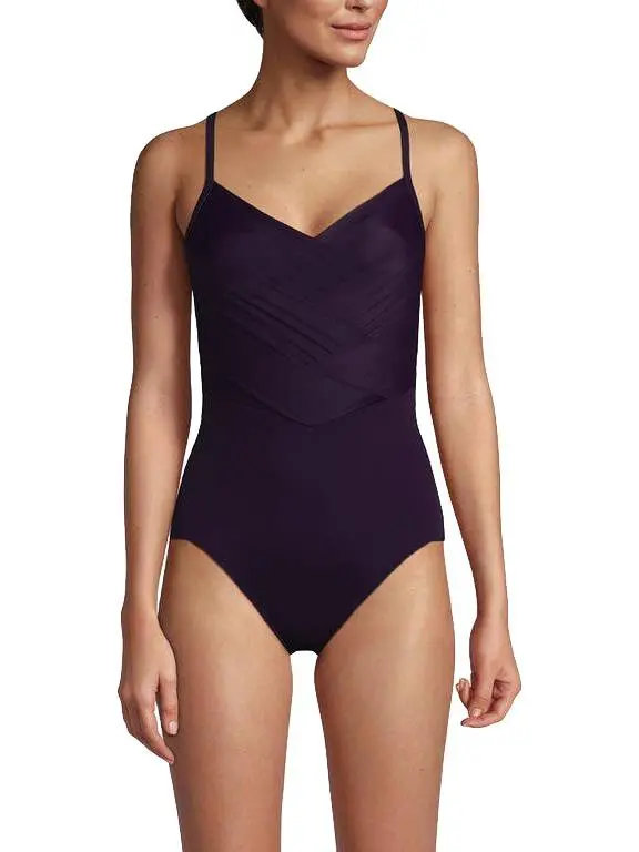 LANDS' END D-cup Slendersuit Pleated X-back One-piece Swimsuit - Blackberry