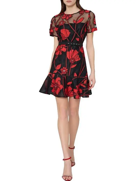 MILLY Rosie Grand Fleur Embroidered Dress - Black/red