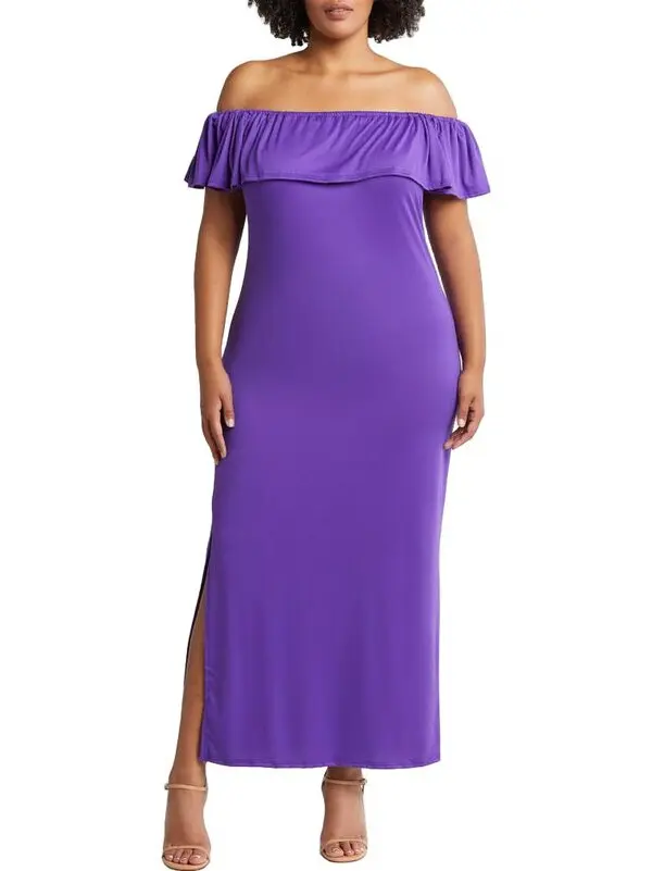 24SEVEN COMFORT APPAREL Off The Shoulder Jersey Midi Dress - Purple