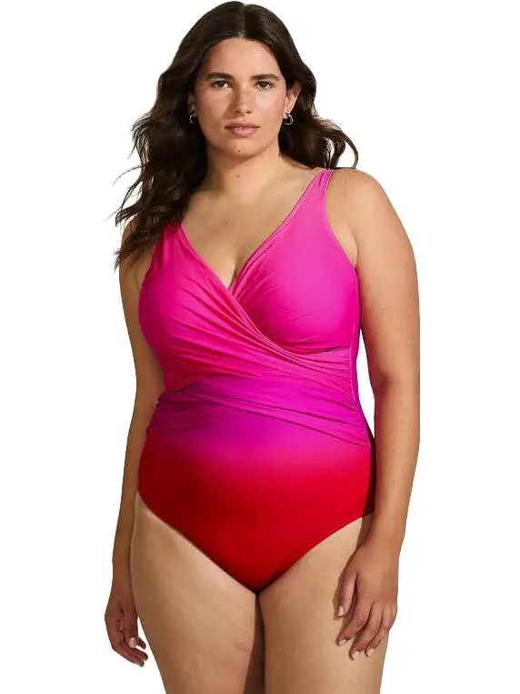LANDS' END Slendersuit Wrap One Piece Swimsuit - Pink Multi Ombre