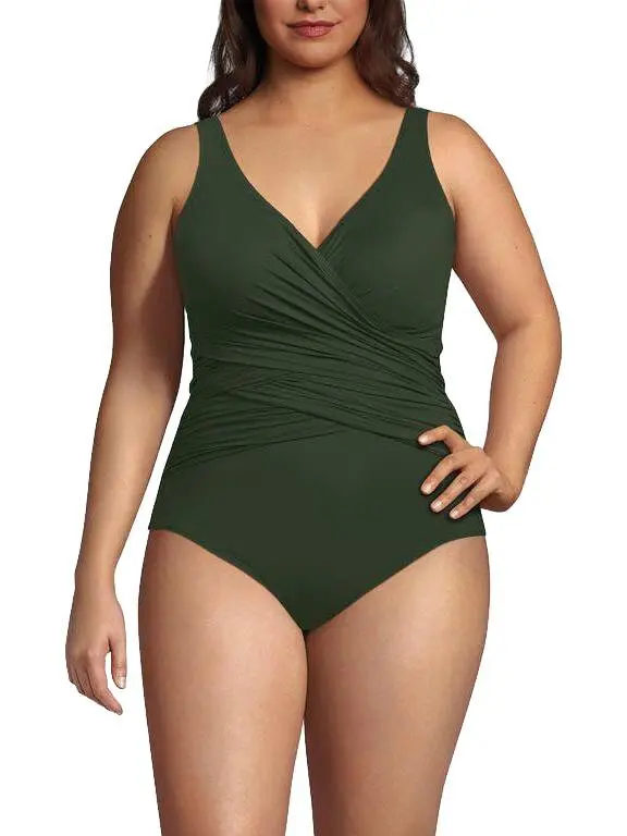 LANDS' END Slendersuit Wrap One Piece Swimsuit - Rich Olive Green