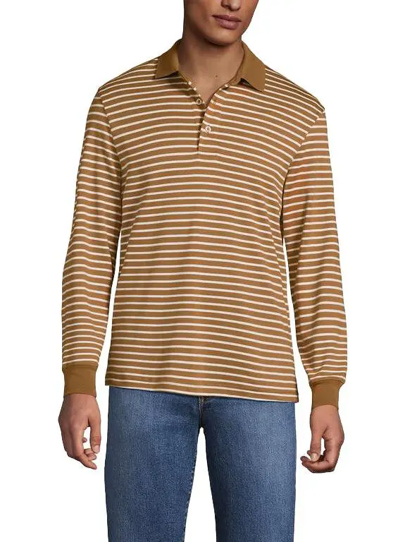 LANDS' END Long Sleeve Cotton Supima Polo Shirt - Canyon Camel Stripe