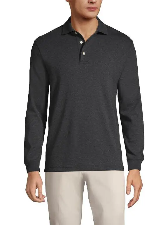 LANDS' END Long Sleeve Cotton Supima Polo Shirt - Dark Charcoal Heather