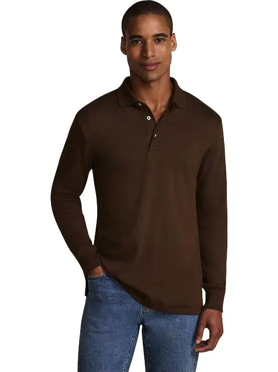 LANDS' END Long Sleeve Cotton Supima Polo Shirt - Dark Walnut Brown