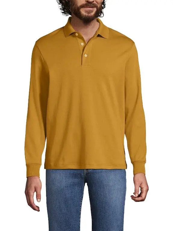 LANDS' END Long Sleeve Cotton Supima Polo Shirt - Dijon Gold