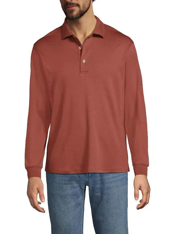 LANDS' END Long Sleeve Cotton Supima Polo Shirt - Earthen Clay