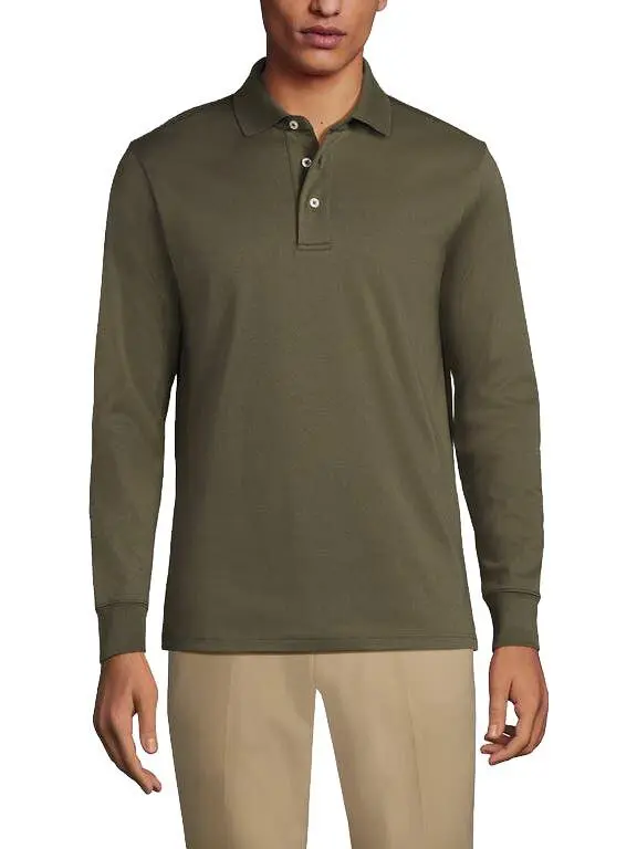 LANDS' END Long Sleeve Cotton Supima Polo Shirt - Forest Moss