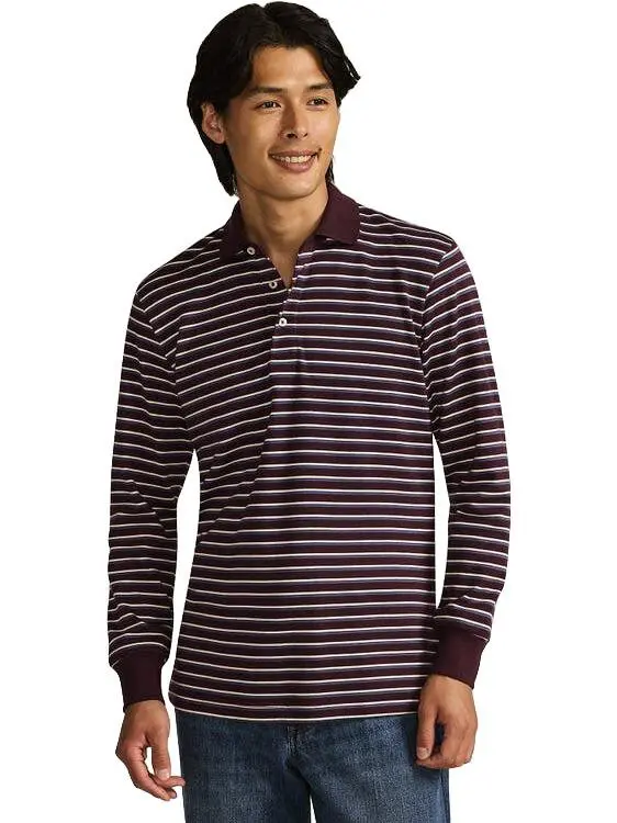 LANDS' END Long Sleeve Cotton Supima Polo Shirt - Lush Burgundy/blue Stripe
