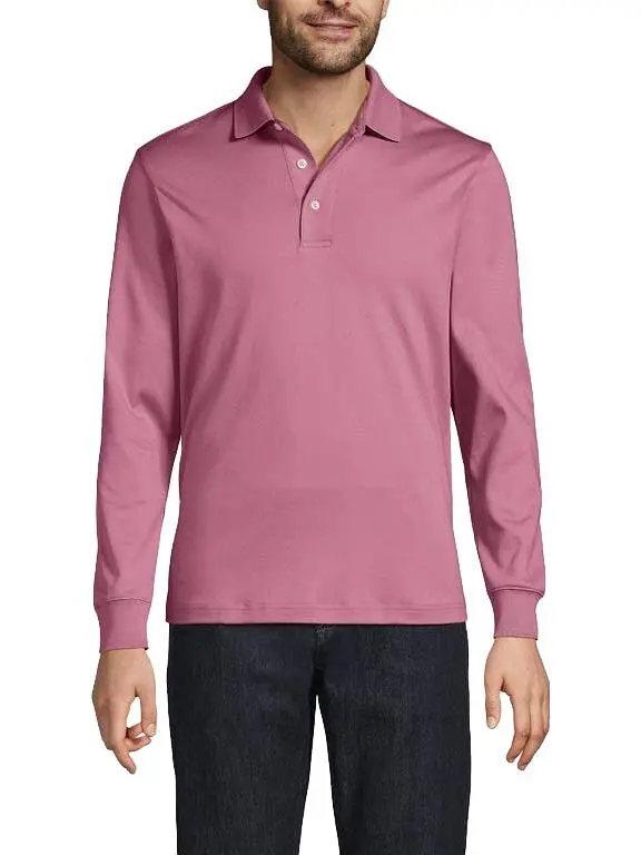 LANDS' END Long Sleeve Cotton Supima Polo Shirt - Soft English Rose