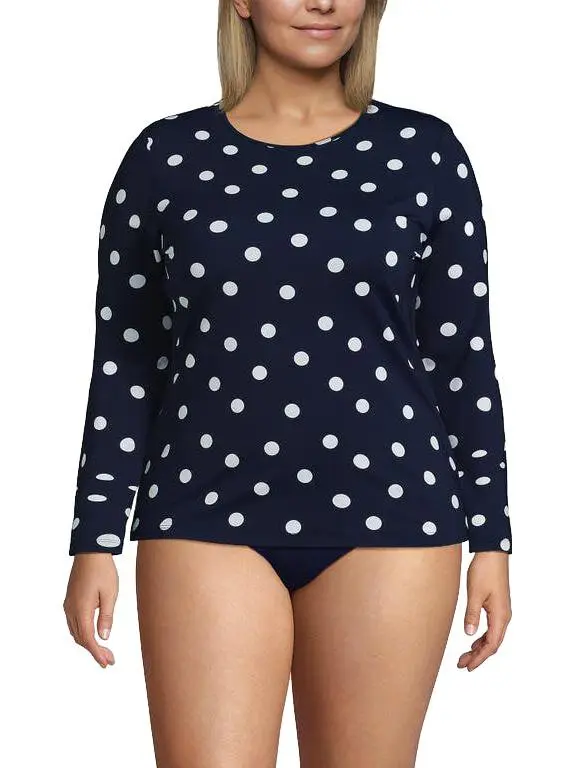 LANDS' END Long Sleeve Upf 50 Rash Guard - Deep Sea Navy Polka Dot