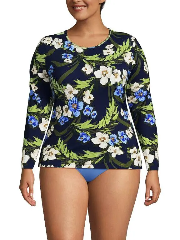 LANDS' END Long Sleeve Upf 50 Rash Guard Swim Tee - Deep Sea/blue Floral Tropic