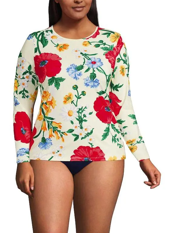 LANDS' END Long Sleeve Upf 50 Rash Guard - Egret/exploded Poppy Floral