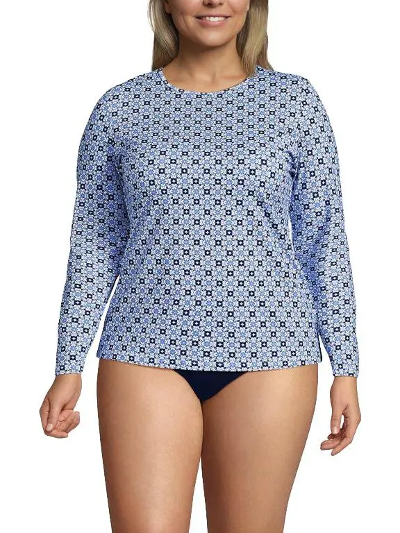 LANDS' END Long Sleeve Upf 50 Rash Guard - Lake Blue Geo Floral