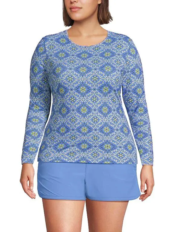 LANDS' END Long Sleeve Upf 50 Rash Guard Swim Tee - Lake Blue/egret Geo Floral