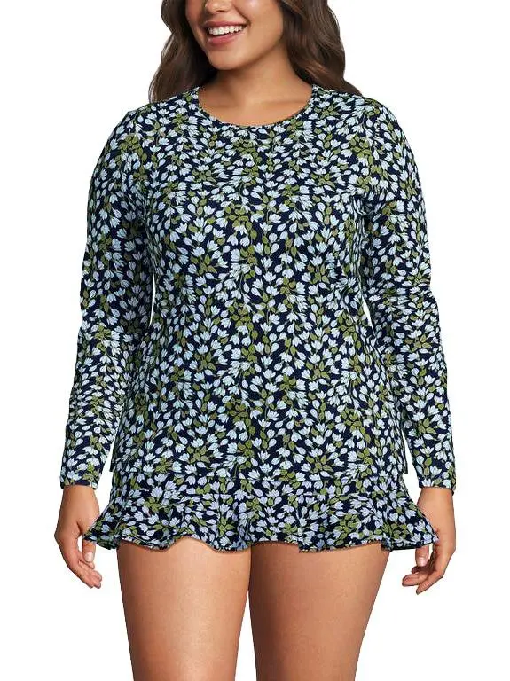 LANDS' END Long Sleeve Upf 50 Rash Guard Swim Tee - Navy Mini Bloom Floral