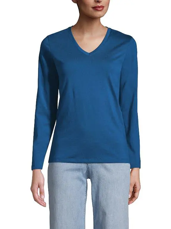 LANDS' END Relaxed Supima Cotton Long Sleeve V-neck T-shirt - Baltic Teal
