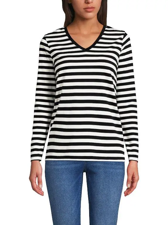 LANDS' END Relaxed Supima Cotton Long Sleeve V-neck T-shirt - Black Even Stripe