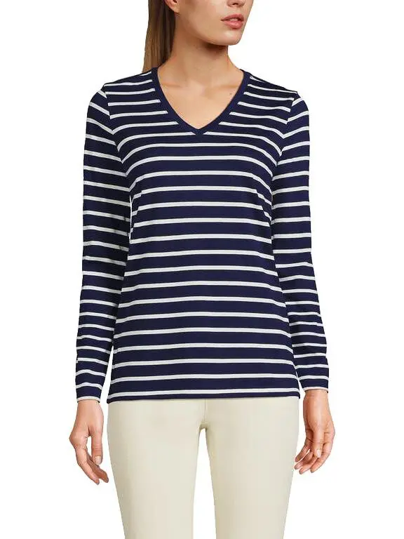 LANDS' END Supima Cotton Long-sleeve V-neck T-shirt - Deep Sea Navy Breton Stripe