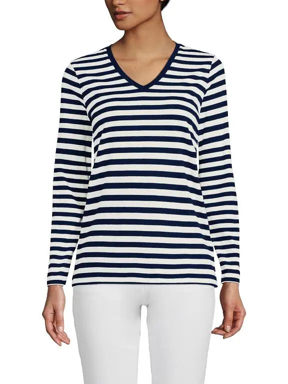 LANDS' END Relaxed Supima Cotton Long Sleeve V-neck T-shirt - Deep Sea Navy Even Stripe