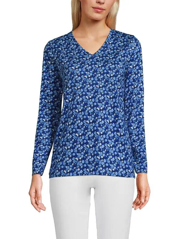 LANDS' END Supima Cotton Long-sleeve V-neck T-shirt - Deep Sea/blue Ditsy Floral