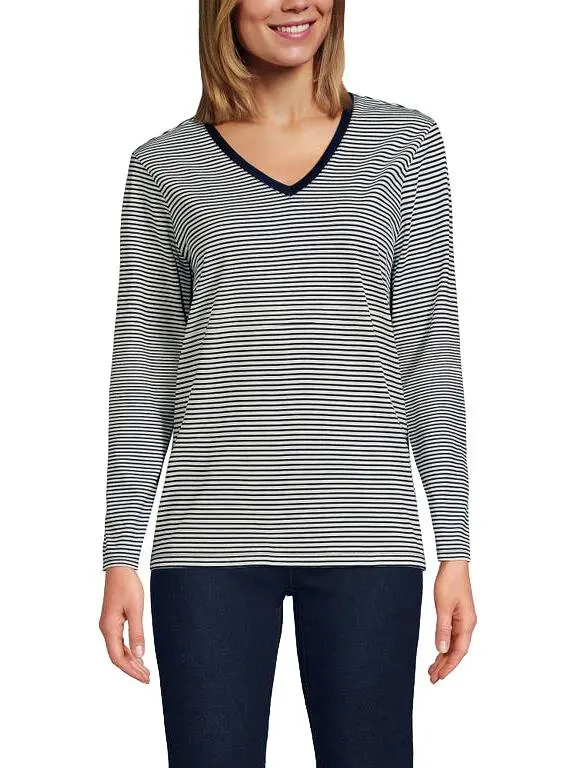 LANDS' END Relaxed Supima Cotton Long Sleeve V-neck T-shirt - Deep Sea/ivory Micro Stripe