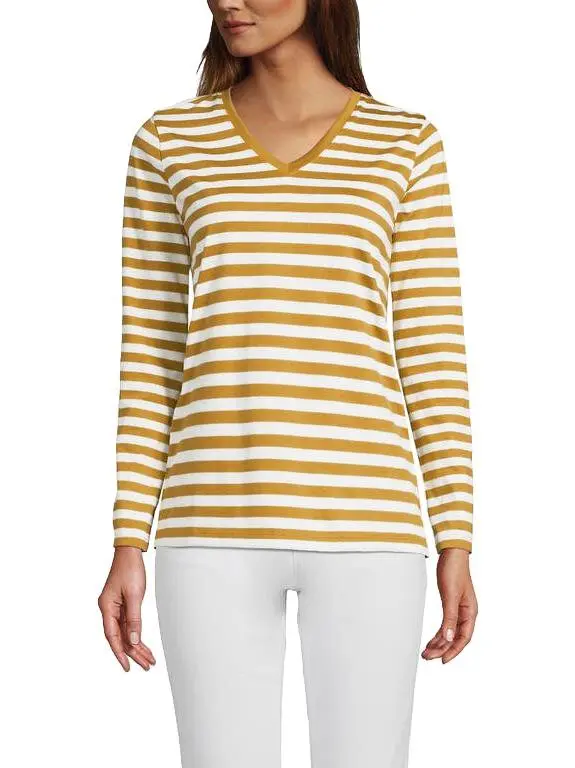LANDS' END Relaxed Supima Cotton Long Sleeve V-neck T-shirt - Dijon Gold Even Stripe